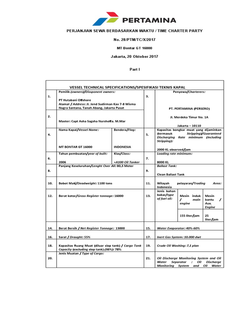 Time Charter Agreement for MT Bontar | PDF | Oil Tanker | Shipping