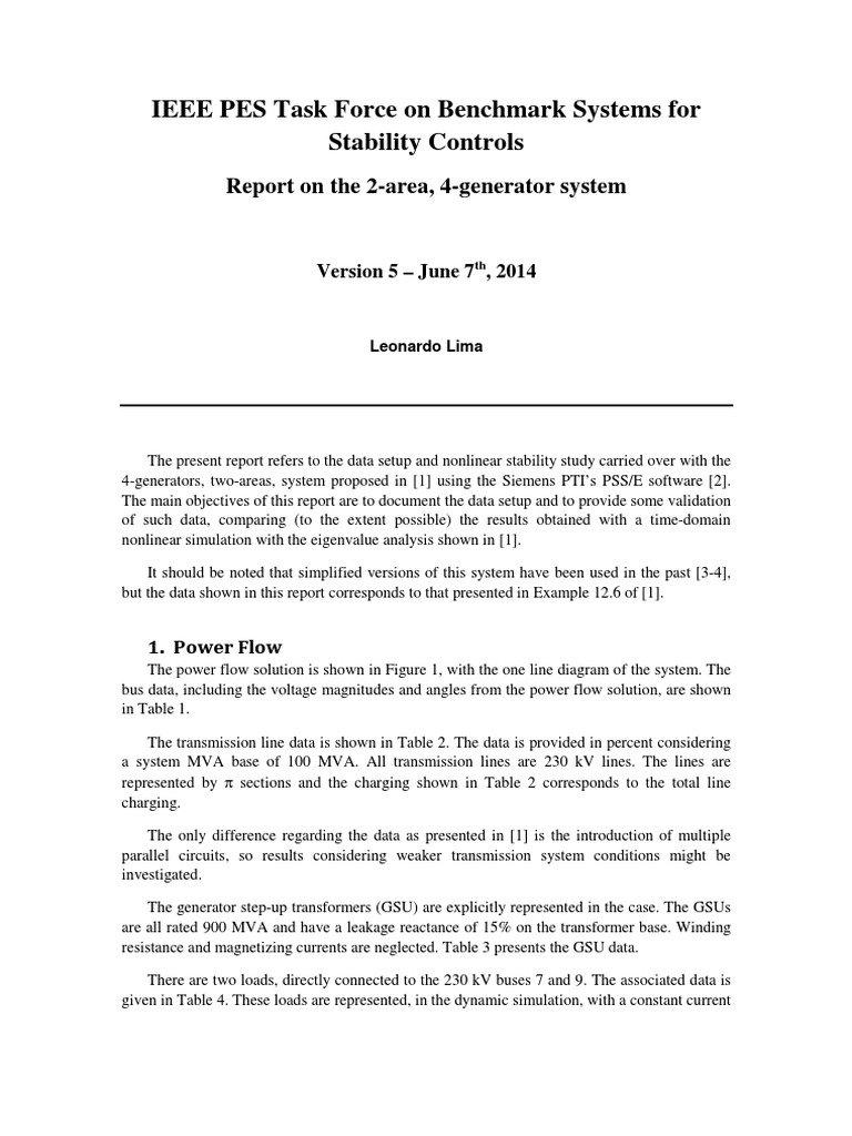 Two Area Four Generator Model PSSE Study Report PDF | PDF | Electrical ...