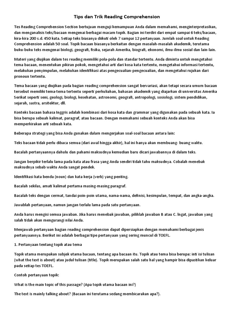 Tips Dan Trik Reading Comprehension | PDF