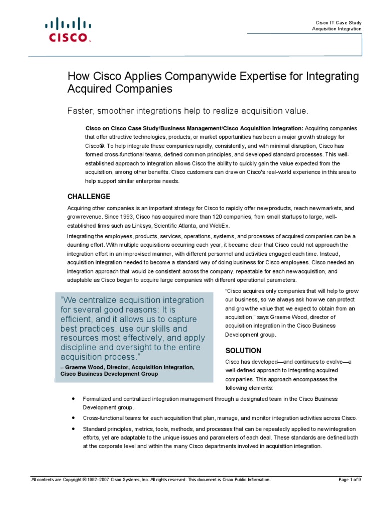 Cisco IT Case Study Acquisition Integration | PDF | Sales | Mergers And Acquisitions