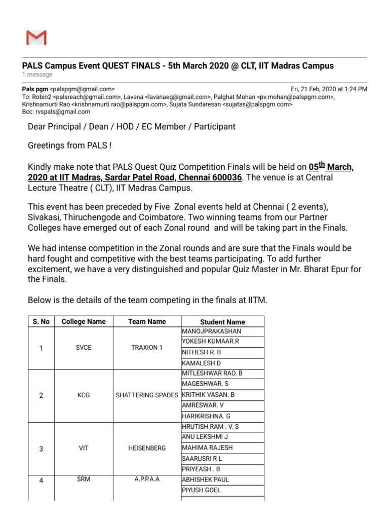 PALS Quest Quiz Finals at IIT Madras | PDF