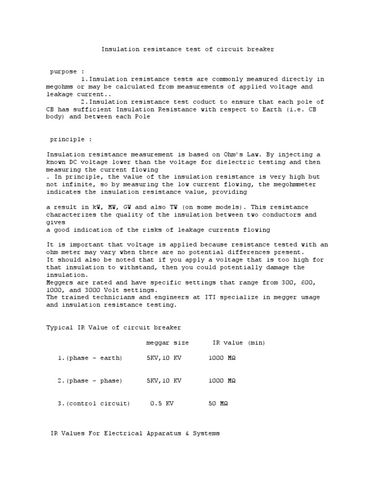 Insulation Resistance Test of Circuit Breaker | PDF | Electrical ...