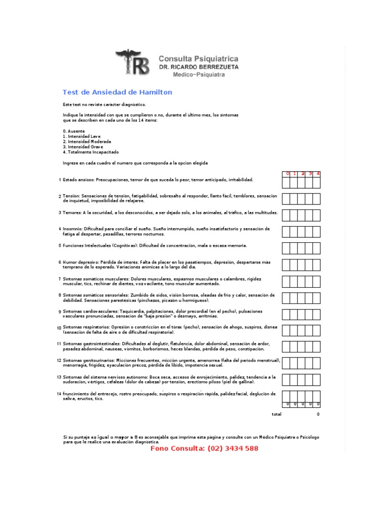 Test de Ansiedad de Hamilton | PDF | Depresión (estado de ánimo ...