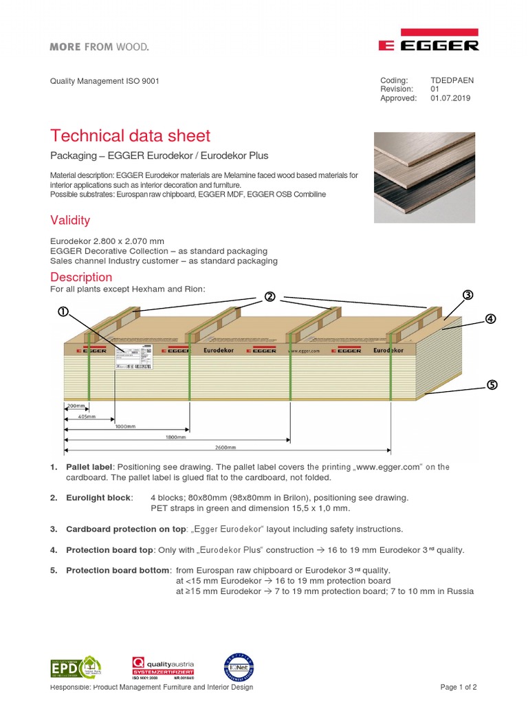 Packaging and Material Specifications for EGGER Eurodekor Melamine Faced Wood Materials | PDF ...