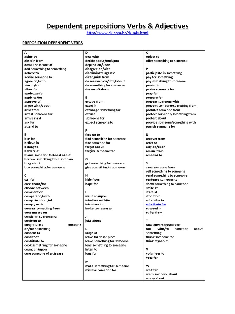 Dependent Prepositions - Verbs & Adjectives | PDF | Language Mechanics | Semiotics