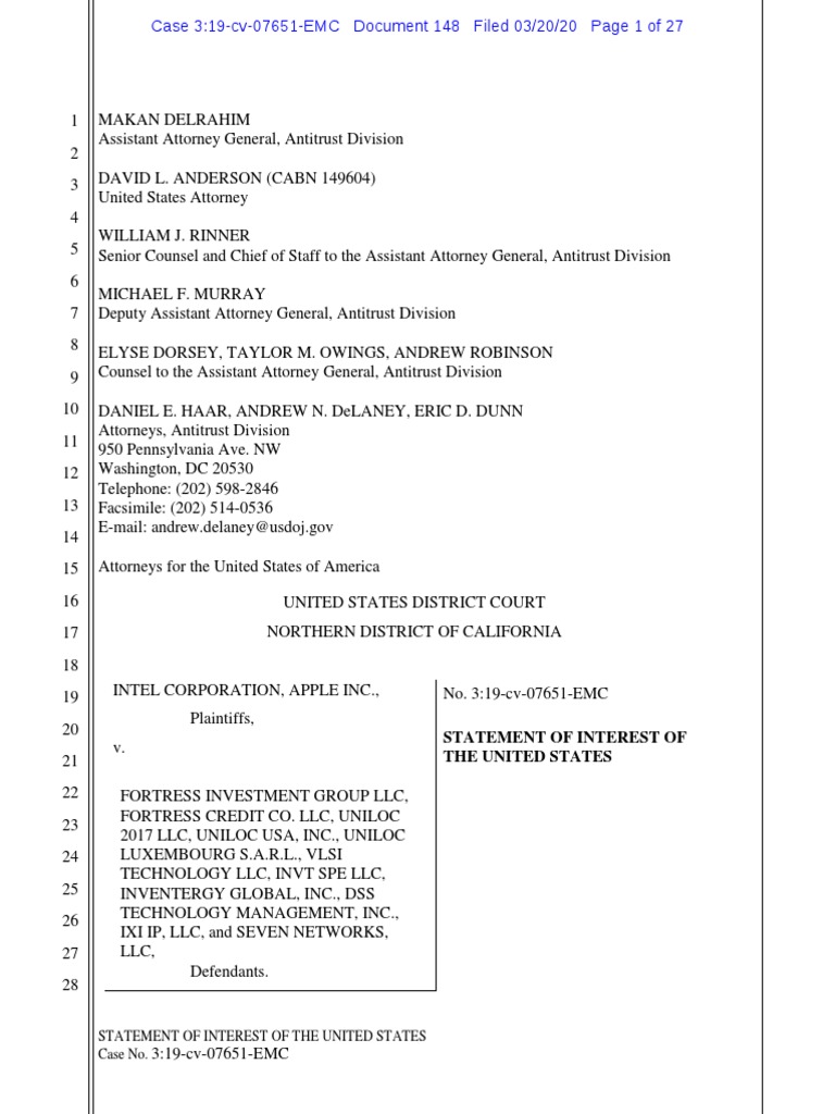 20-03-20 Statement of Interest by DOJ ATR | PDF | Bell Atlantic Corp. V ...