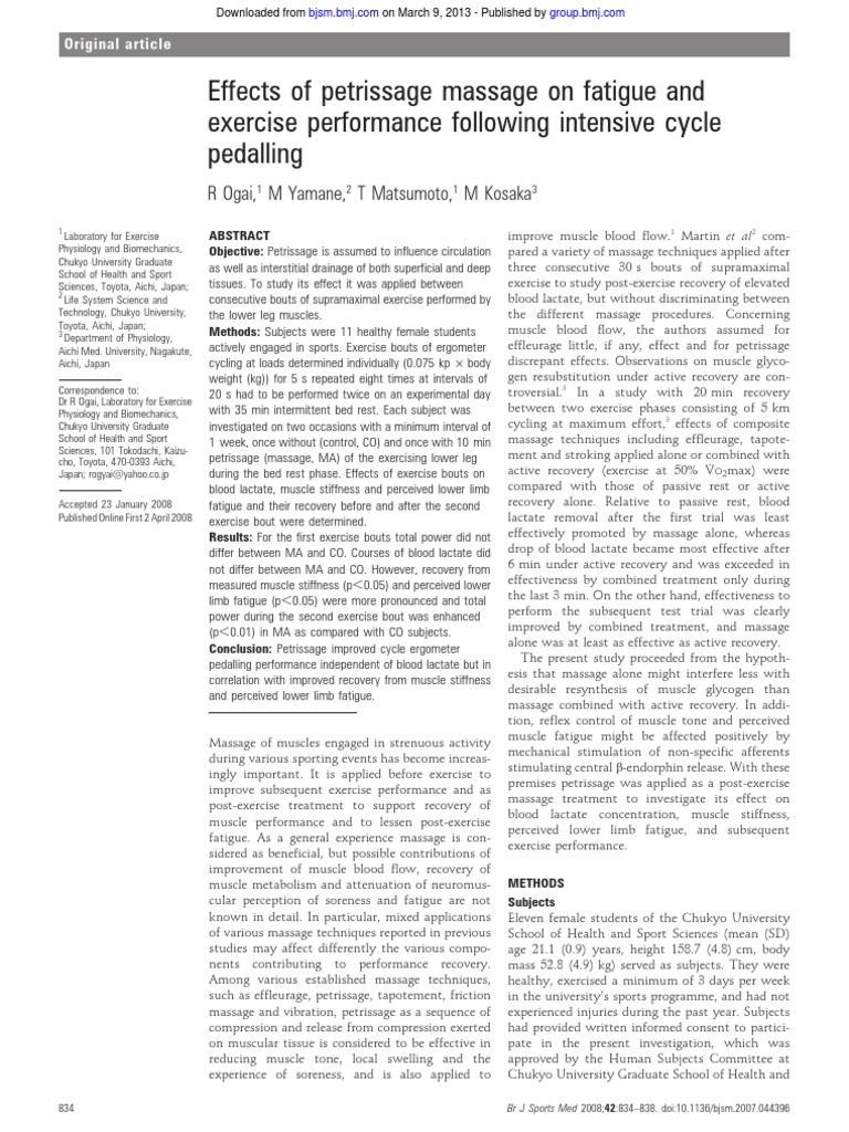 Effects of Petrissage Massage On Fatigue and Exerc | PDF | Massage | Muscle