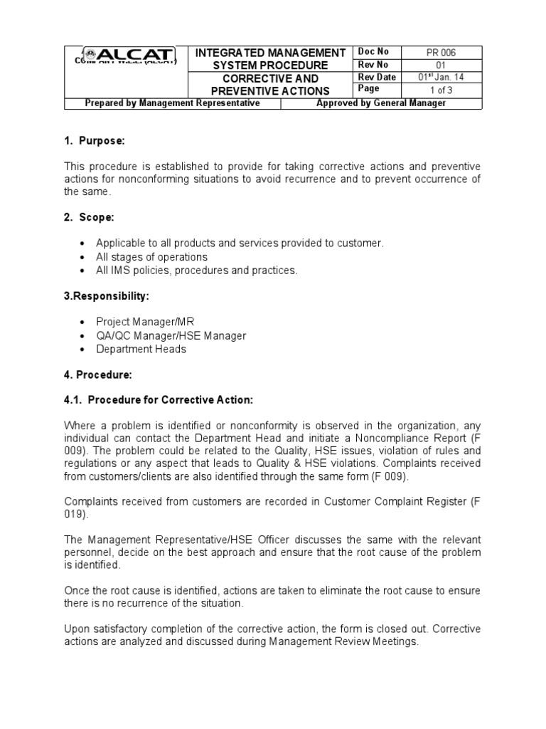 PR006 Correctiv & Preventive Action | PDF | Government | Business