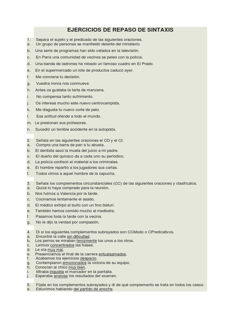 Ejercicios De Sintaxis Predicado Gramtica
