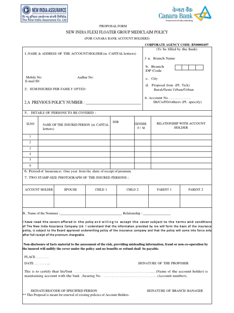 New India Canara Family Floater Plan Proposal Form PDF | PDF ...