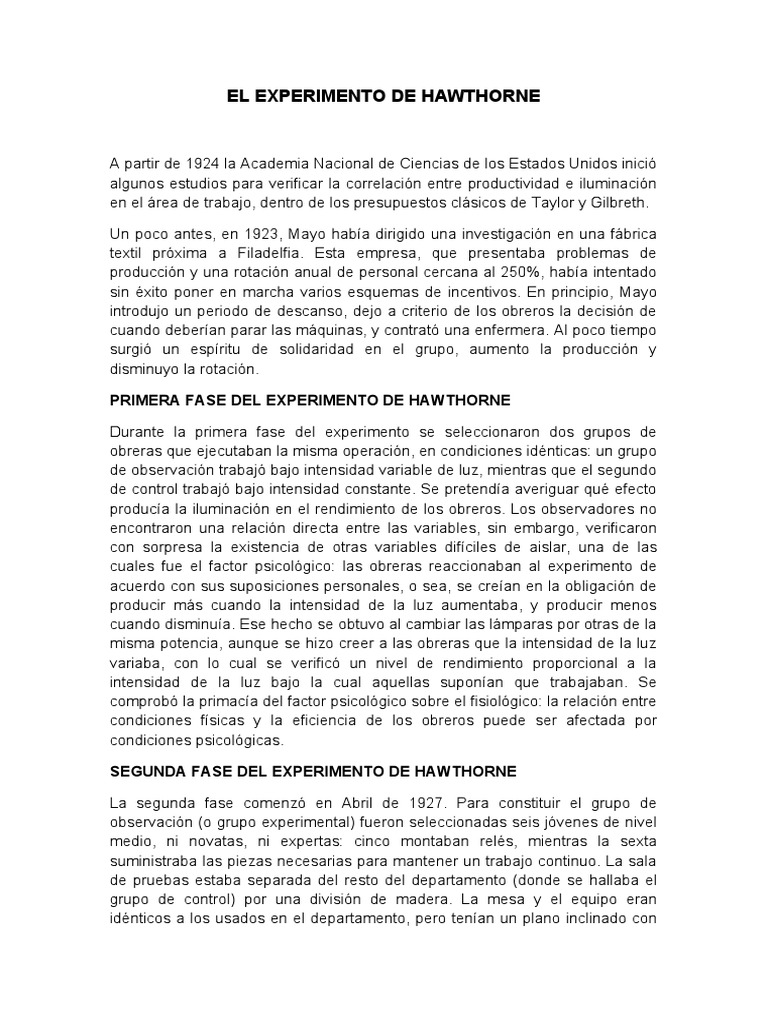 El Experimento de Hawthorne | PDF | Sicología | Teoría