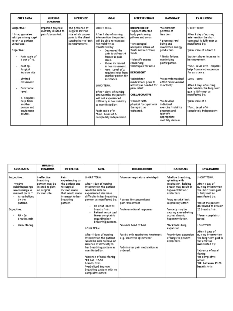 Cues Data: Nursing Diagnosis Inference Goal Interventions Rationale Evaluation | PDF | Pain ...