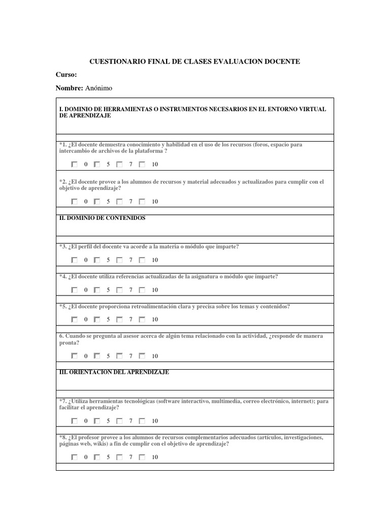 Cuestionario Final de Clases Evaluacion Docente | PDF | Maestros ...