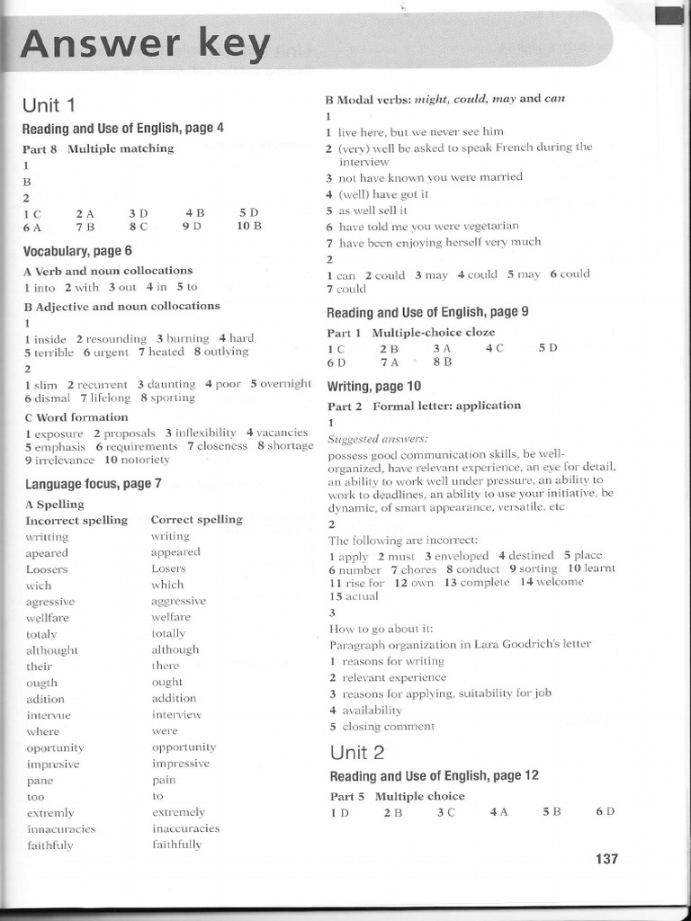 ANSWER KEY Workbook Ready For Advanced C1 | PDF | English Language ...