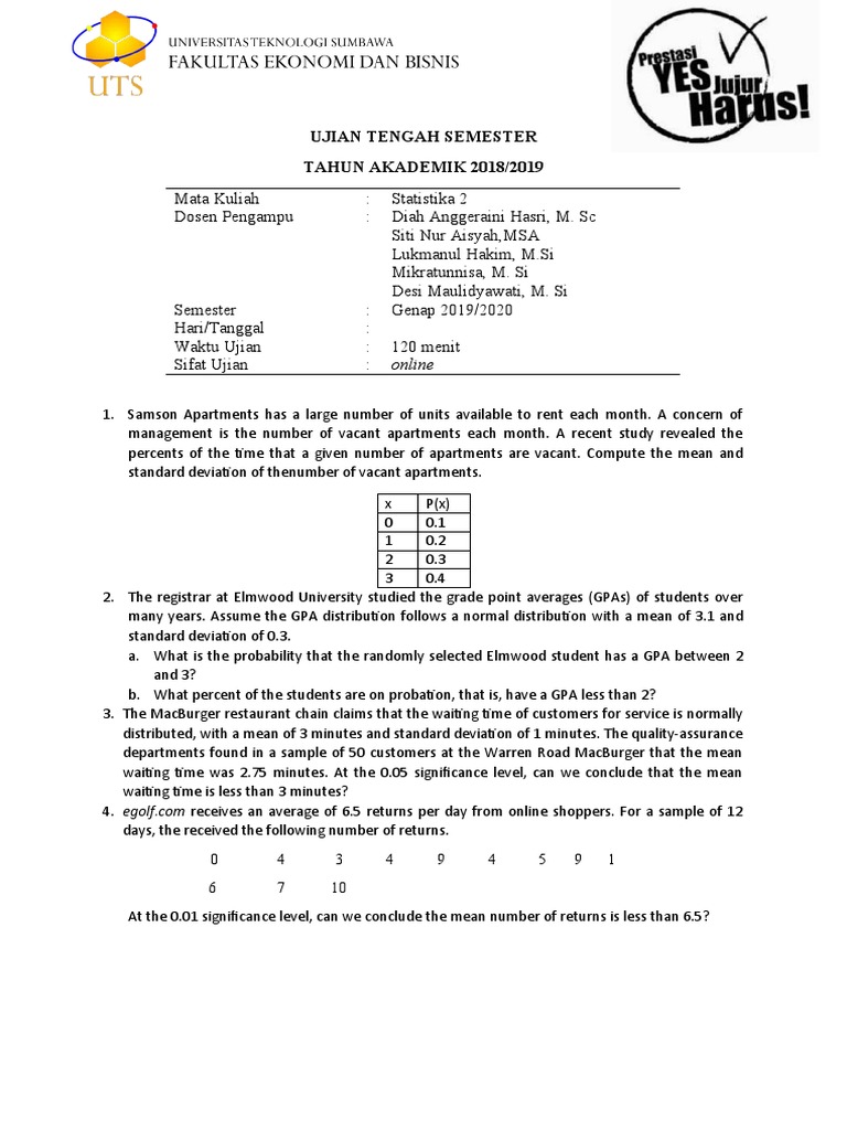 Soal Uts Statistika 2 | PDF | Statistical Analysis | Teaching Mathematics Soal Uts Statistika 2 | PDF | Statistical Analysis | Teaching Mathematics
