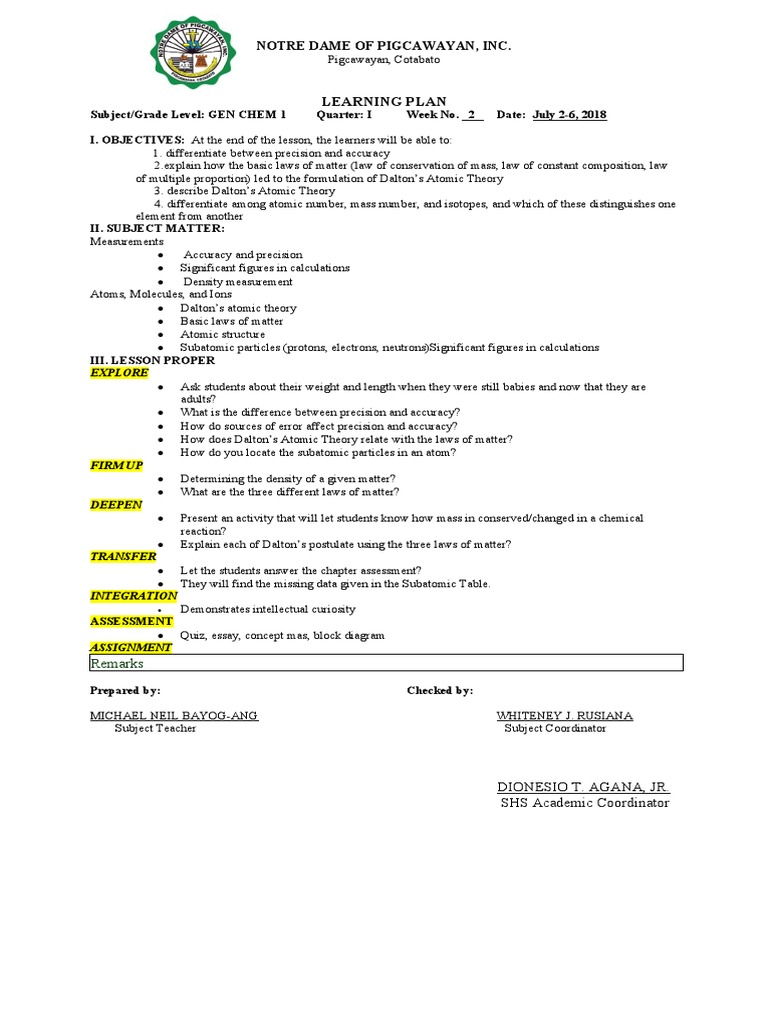 Lesson Plan For GEN CHEM | PDF | Atoms | Matter