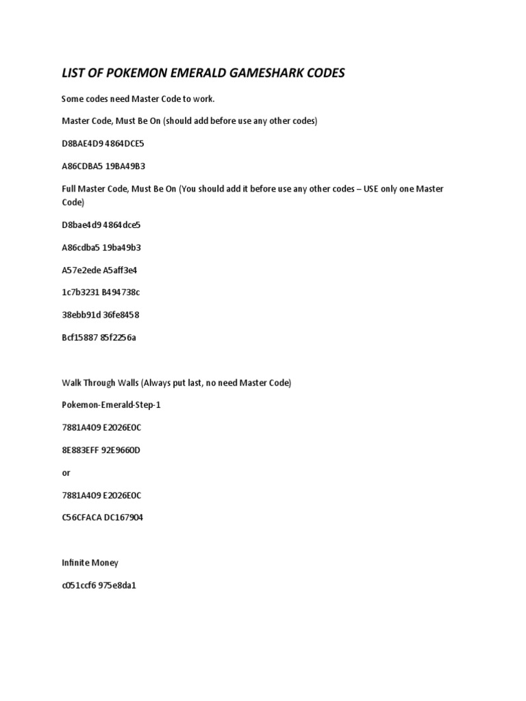List of Pokemon Emerald Gameshark Codes | PDF | Pokémon | Nintendo ...