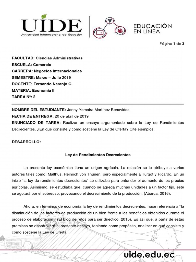 Ley De Rendimientos Decrecientes Pdf Oferta Economía Ciencias