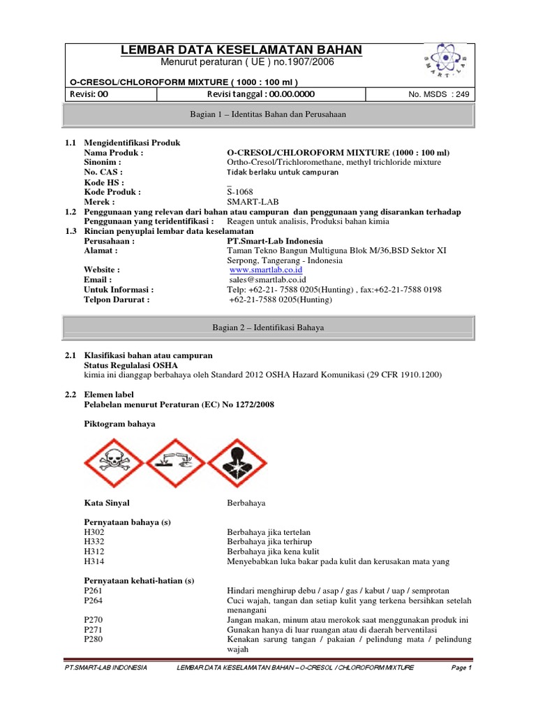 MSDS O-Cresol-Chloroform Mixture PDF | PDF