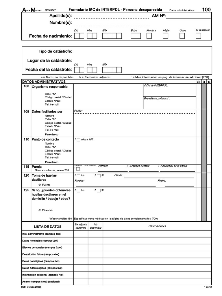 Ante Mortem (Amarillo) Formulario IVC de INTERPOL - Persona ...