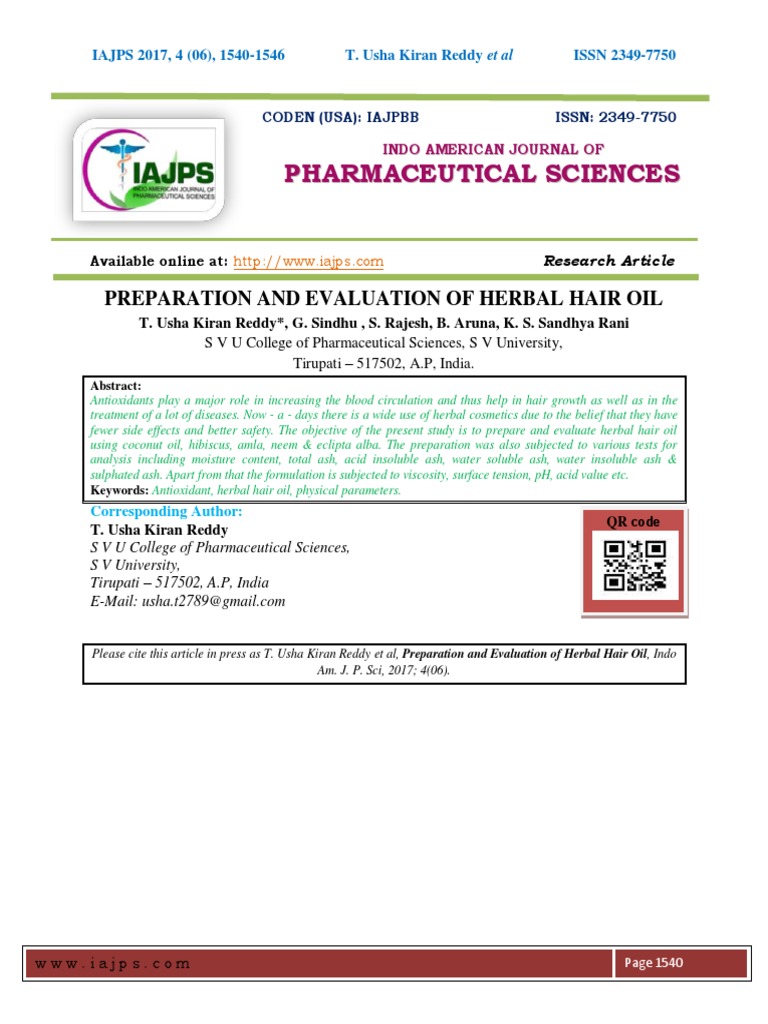 17.preparation and Evaluation of Herbal Hair Oil | PDF | Hair Loss | Oil