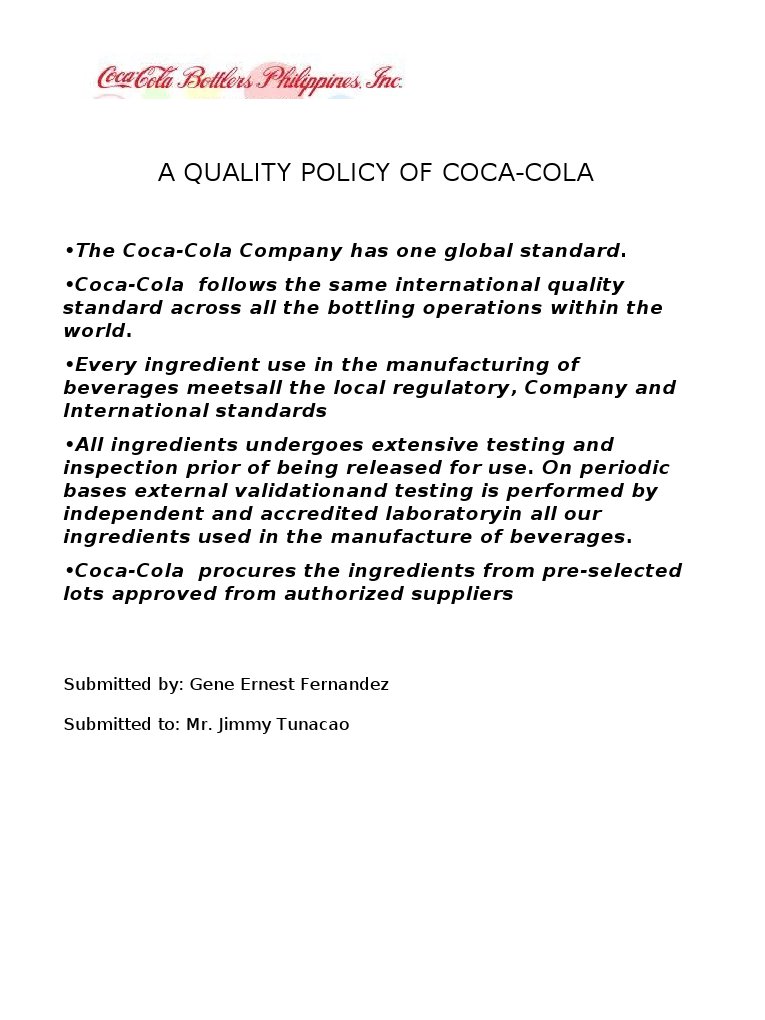 Coca-Cola Quality Assurance Policy | PDF | Coca Cola | Beverages