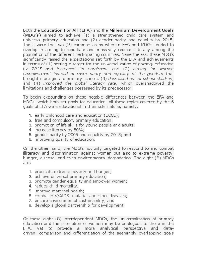 Education For All (EFA) and The Millenium Development Goals (MDG'S ...