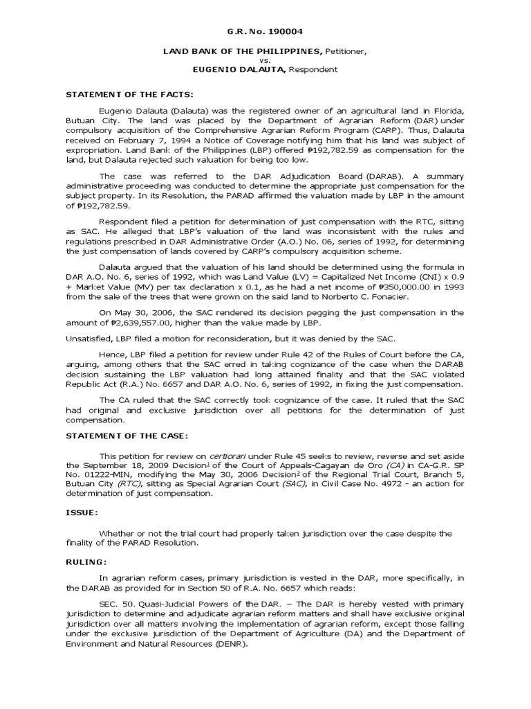 LBP-VS-DALAUTA-Case DIGEST | PDF | Jurisdiction | Just Compensation