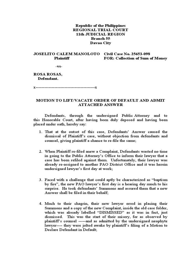 Motion To Lift Order of Default | PDF | Complaint | Lawyer