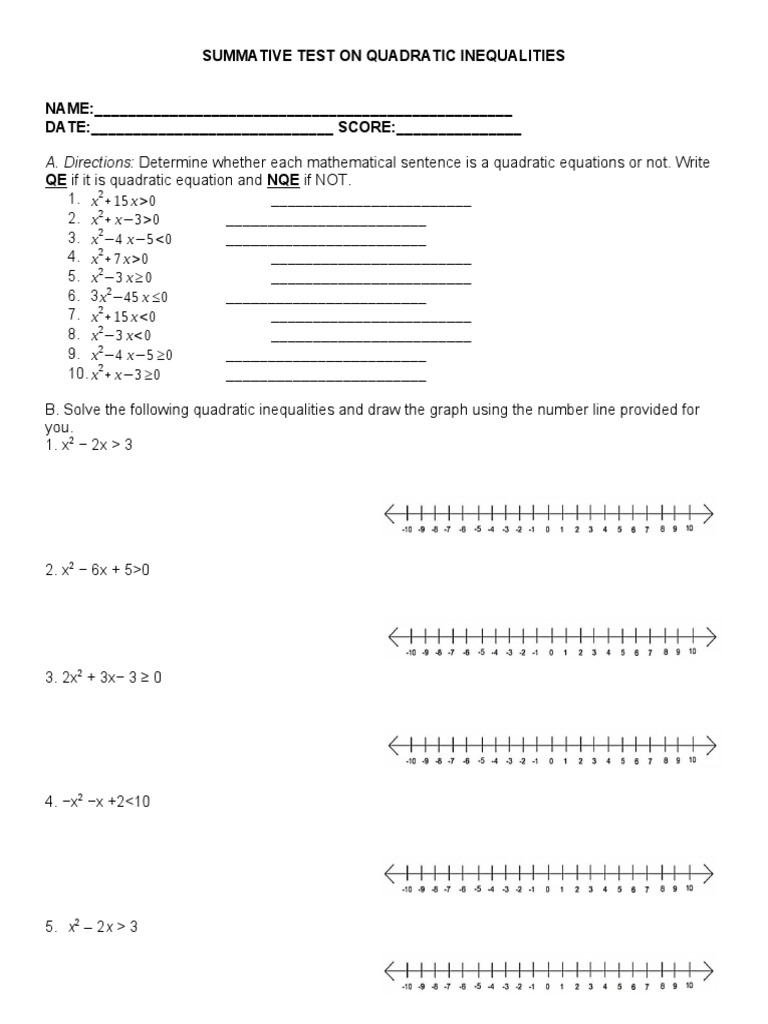 Summative Test On Quadratic Inequalities | PDF