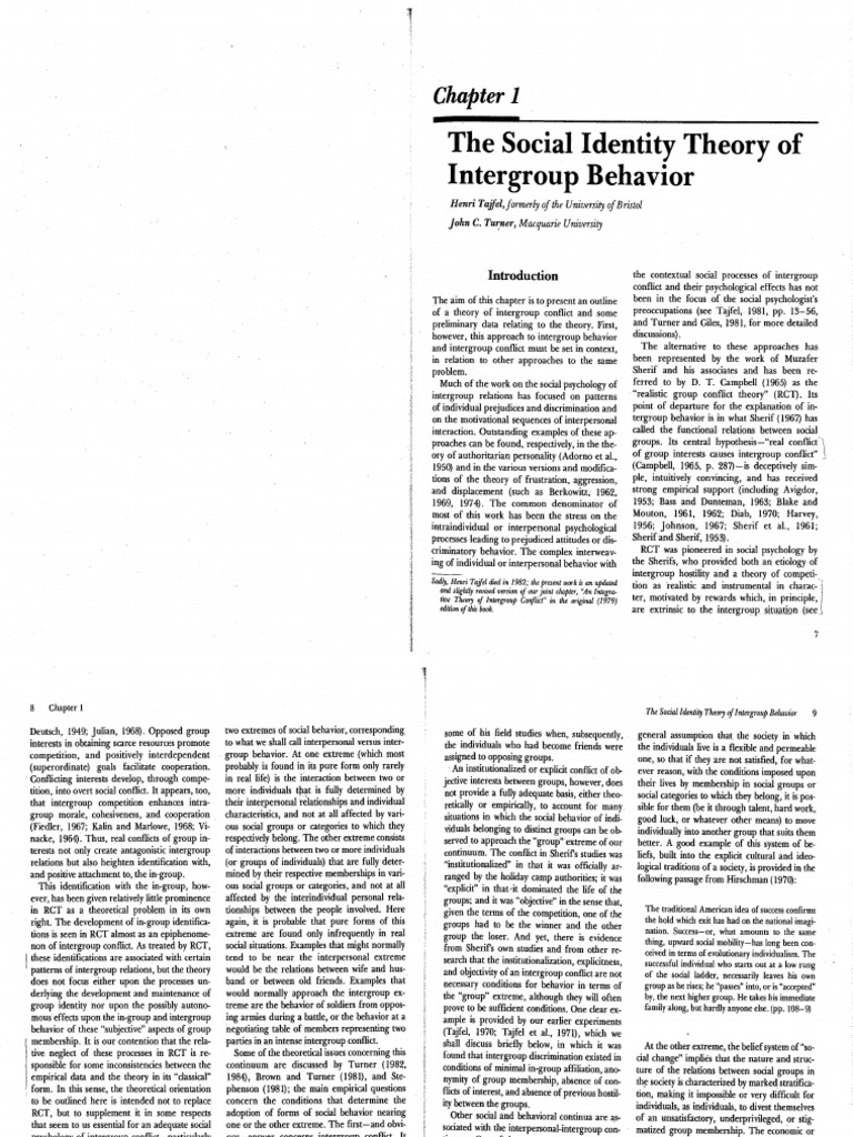 Psych of Intergroup Relations CH1 Social Identity Theory | PDF