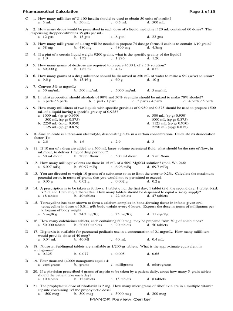 Pharm Cal-Revised Green PDF | Download Free PDF | Mass Concentration (Chemistry) | Dose ...