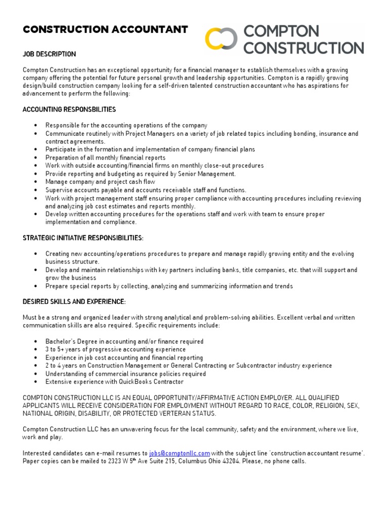 CONSTRUCTION ACCOUNTAN - Job Description | PDF | General Contractor ...
