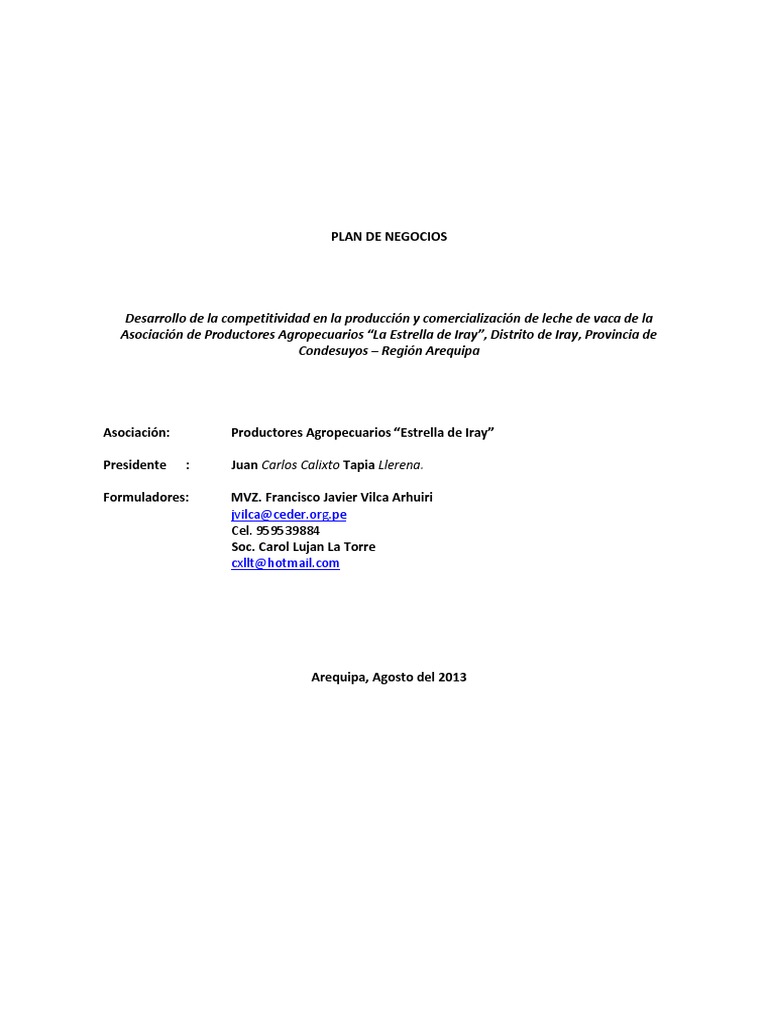 Plan de Negocios | PDF | Leche | Vacas