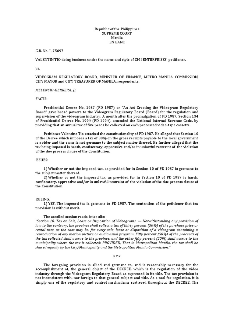 Tio v. Videogram Regulatory Board, G.R. No. 75697, June 18, 1987, 151 ...