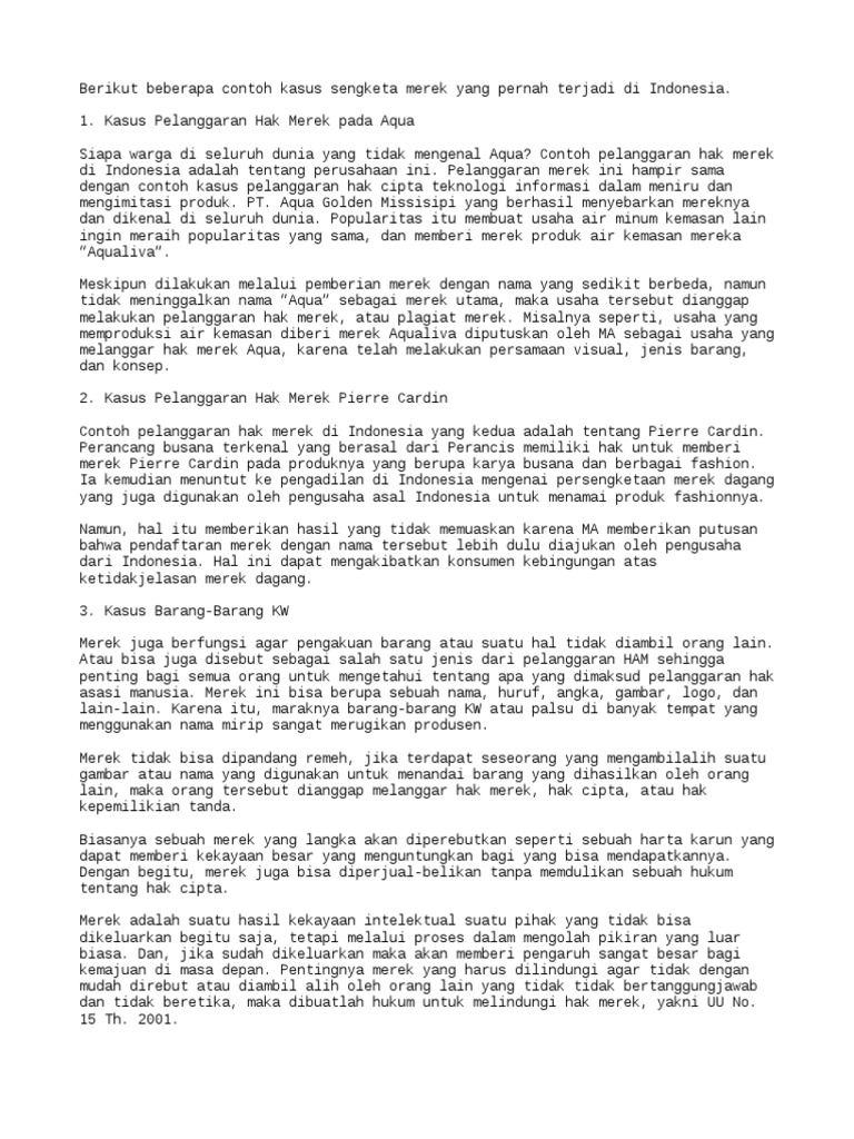 Contoh Kasus Merek | PDF | Bisnis | Hukum