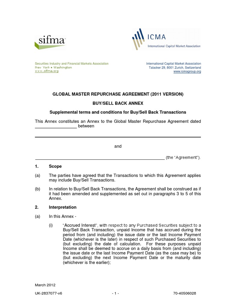 Buy Sell Back Annex GMRA 2011 | PDF | Repurchase Agreement | Financial ...