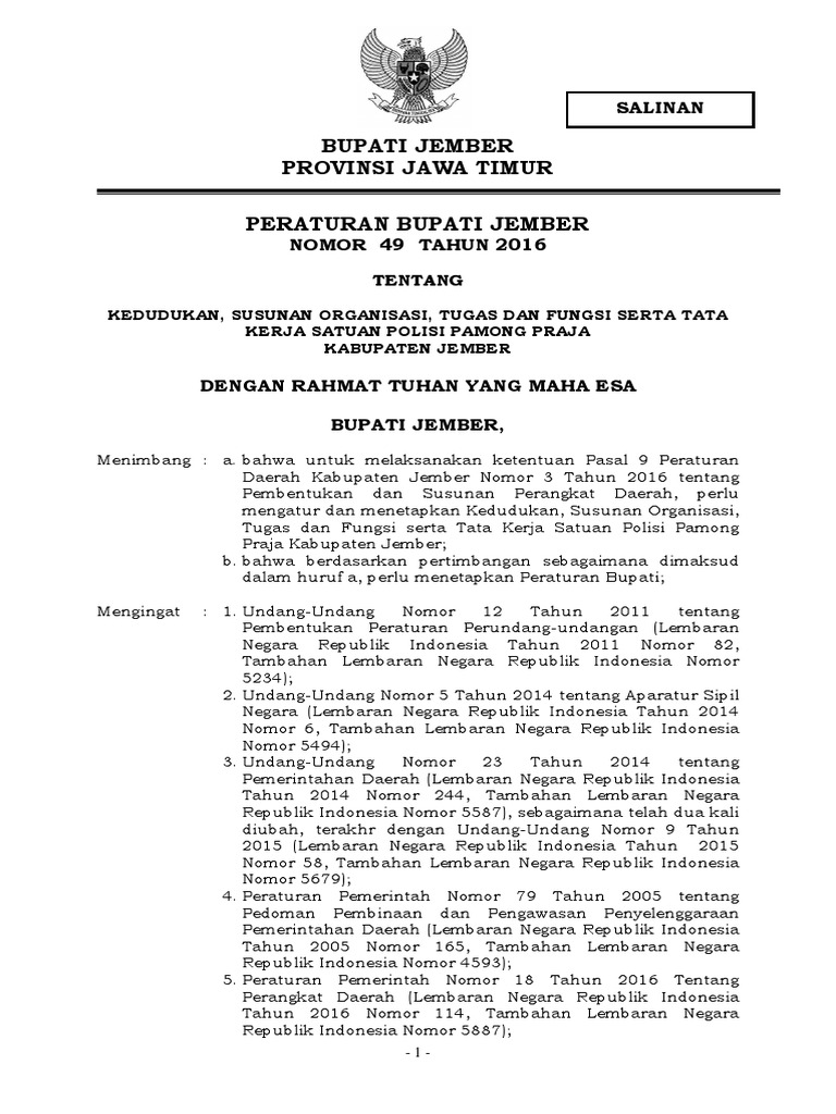 Peraturan Bupati Jember tentang Satpol PP | PDF