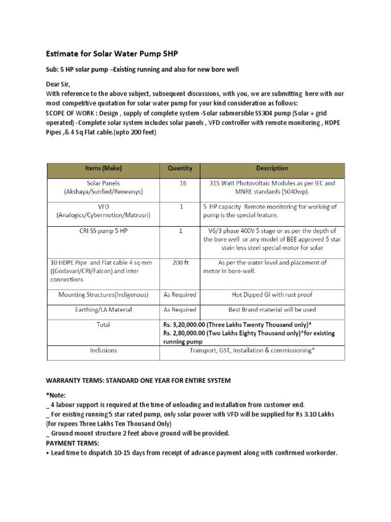 Quotation For 5HP Solar Pump | PDF