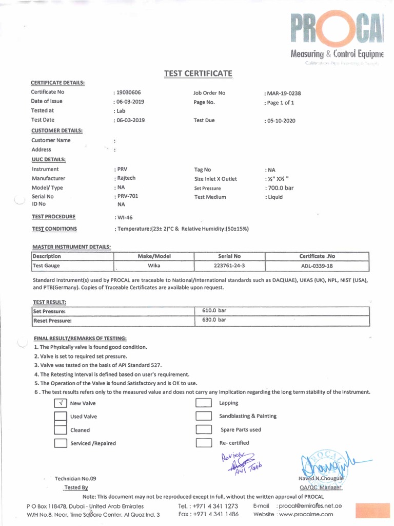 Certificate of Relief Valve Capacity (PROCA) 7 PDF | PDF