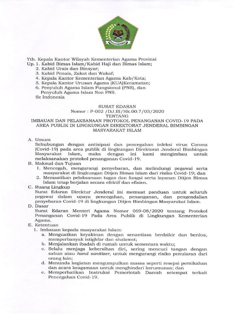 Surat Edaran Dirjen Bimas Islam Imbauan Dan Pelaksanaan Protokol ... Surat Edaran Dirjen Bimas Islam Imbauan Dan Pelaksanaan Protokol ...