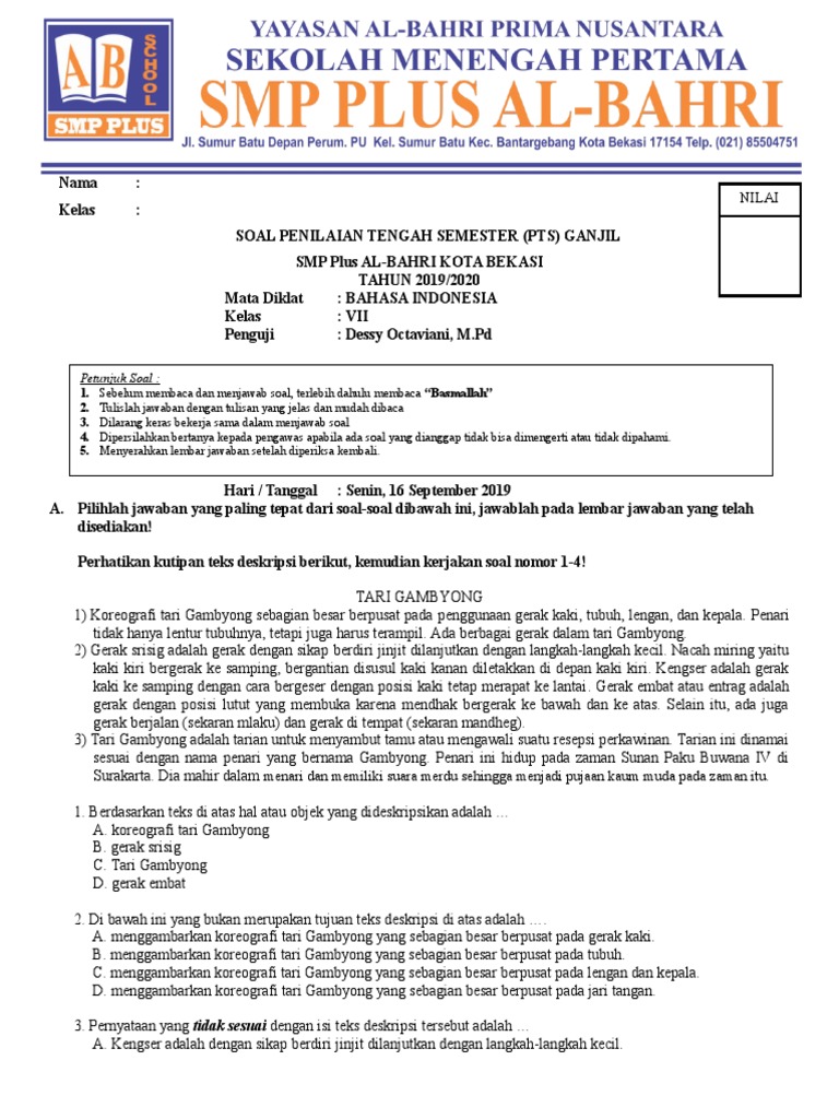 Soal PTS Bahasa Indonesia Kelas VII | PDF
