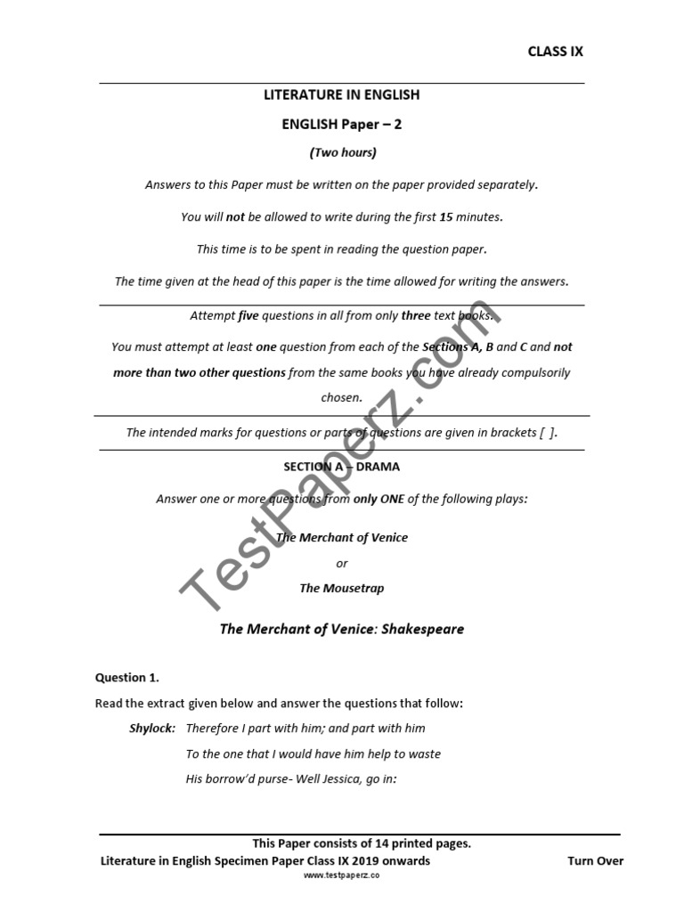 ICSE Eng 2 Specimen Paper PDF | PDF | The Merchant Of Venice
