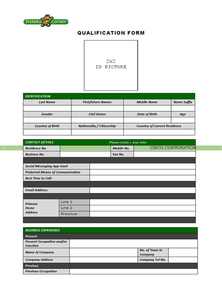 Potato Corner Form - Qualification | PDF | Credit | Finance & Money ...