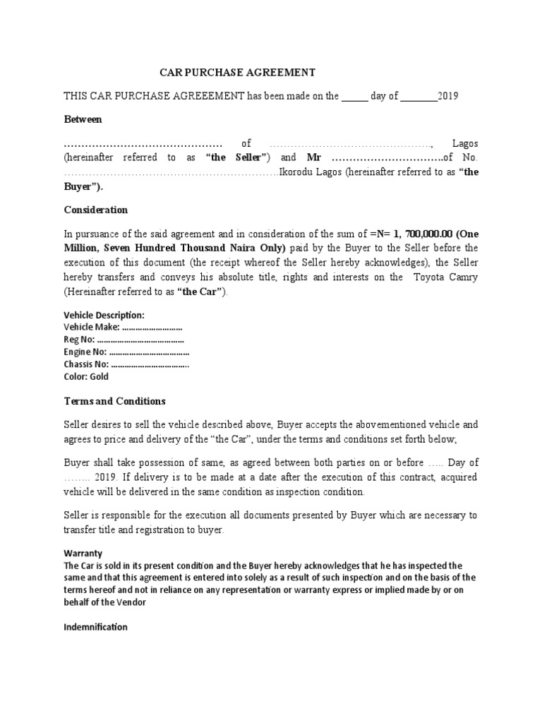Comprehensive Car Purchase Agreement Outlining Terms for Transfer of ...