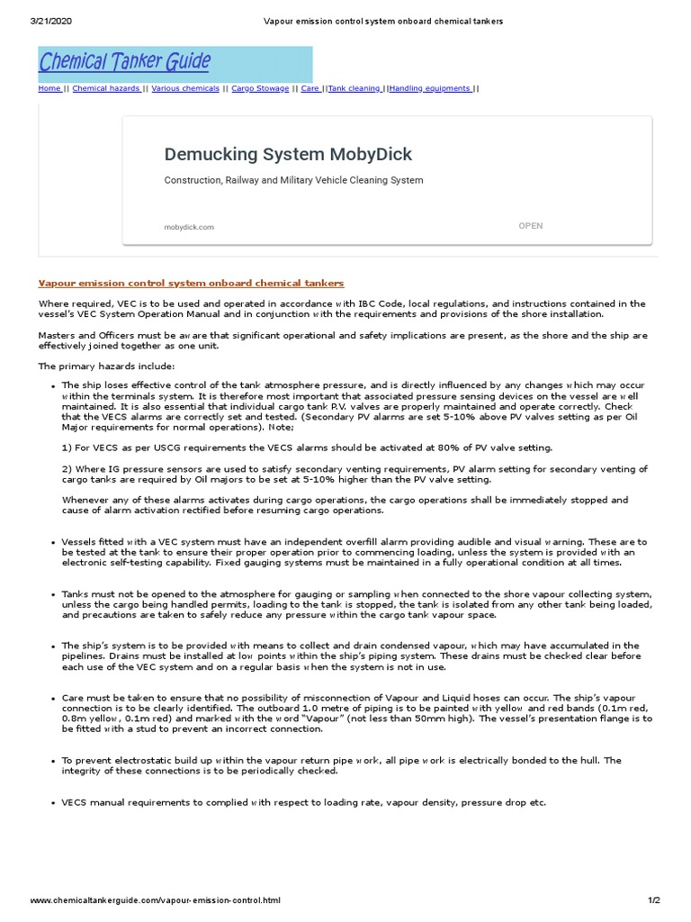 Vapour Emission Control System Onboard Chemical Tankers | PDF | Oil ...