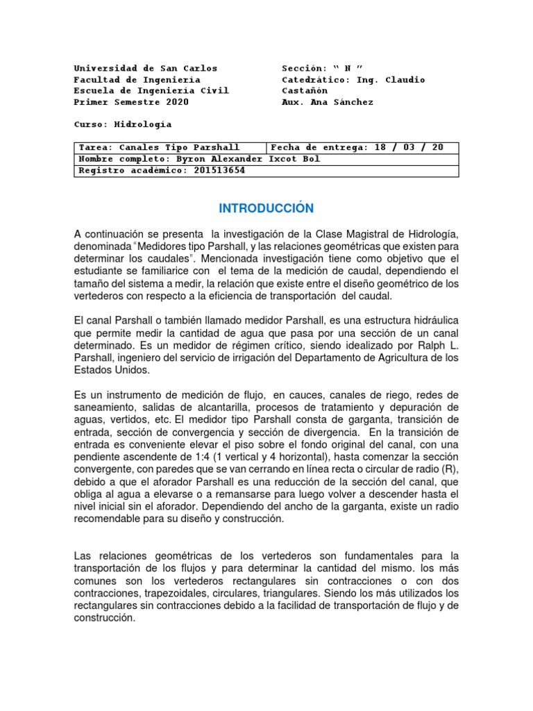 Medidor Parshall PDF | PDF | Canal | Descarga (hidrología)