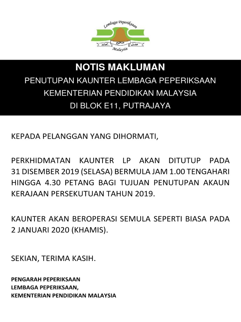 Notis Makluman Tutup Kaunter | PDF