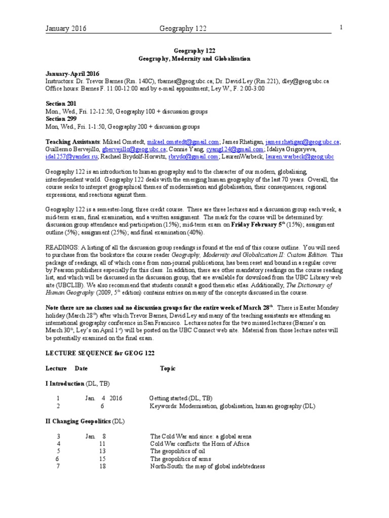 GEOG 122 - Course Outline 2016 | PDF | Developing Country | Essays