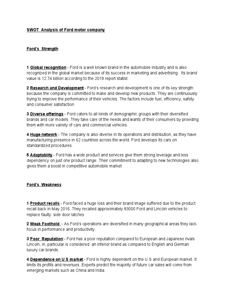SWOT Analysis of Ford Motor Company | PDF | Ford Motor Company | Car